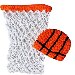 Infant Basketball Photography Props Crochet Costume Outfits Orange Hat+White Basket Photo Shoot Props for 3-6 Months Newborn Baby Boy Girl