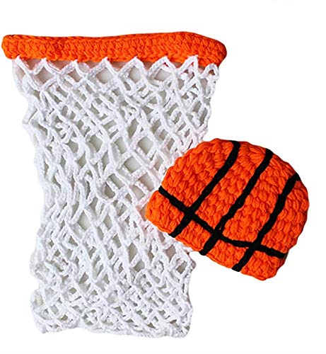 Infant Basketball Photography Props Crochet Costume Outfits Orange Hat+White Basket Photo Shoot Props for 3-6 Months Newborn Baby Boy Girl