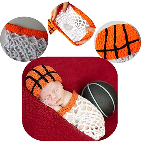 Infant Basketball Photography Props Crochet Costume Outfits Orange Hat+White Basket Photo Shoot Props for 3-6 Months Newborn Baby Boy Girl