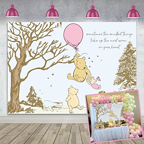 DMJ Classic Cartoon Bear Backdrop for Girls Birthday Party Pink Balloon Pooh Photograph Background Baby Shower Cake Table Decoration Background 7x5ft