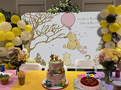 DMJ Classic Cartoon Bear Backdrop for Girls Birthday Party Pink Balloon Pooh Photograph Background Baby Shower Cake Table Decoration Background 7x5ft