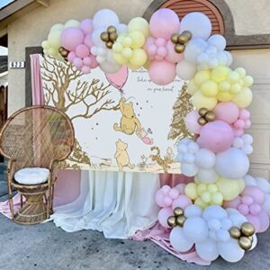 DMJ Classic Cartoon Bear Backdrop for Girls Birthday Party Pink Balloon Pooh Photograph Background Baby Shower Cake Table Decoration Background 7x5ft