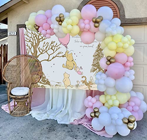 DMJ Classic Cartoon Bear Backdrop for Girls Birthday Party Pink Balloon Pooh Photograph Background Baby Shower Cake Table Decoration Background 7x5ft