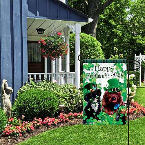 Morigins Cute Shamrock Cat and Dog with Green Hat Decorative Happy St. Patrick's Day Garden Flag Double Sided 12.5 x 18 inch