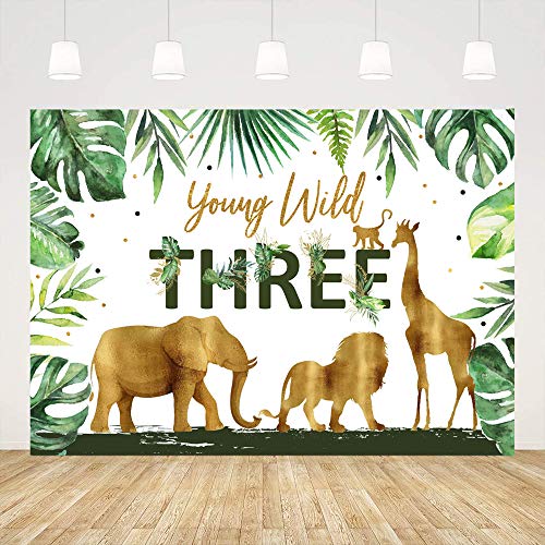 Ticuenicoa Young Wild Three 3rd Birthday Backdrop Jungle Safari Animals Background for Photography Tropical Leaves Backdrops Third Birthday Party Decorations 3 Years Old Photo Booth Props 5x3ft