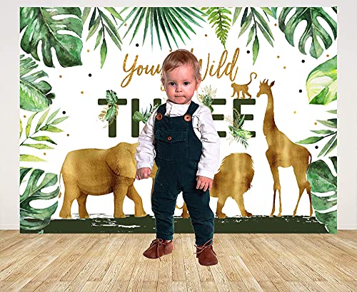 Ticuenicoa Young Wild Three 3rd Birthday Backdrop Jungle Safari Animals Background for Photography Tropical Leaves Backdrops Third Birthday Party Decorations 3 Years Old Photo Booth Props 5x3ft