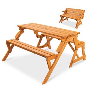 best choice products 2-in-1 transforming interchangeable outdoor wooden picnic table garden bench for backyard, porch, patio, deck w/umbrella hole – natural