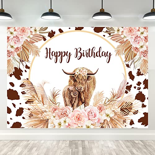 Imirell Cow Birthday Backdrop 7Wx5H Feet Boho Pink Floral Pampas Brown Cow Print Western Farm Kids Bday Party Photography Backgrounds Photo Shoot Decor Props Decoration