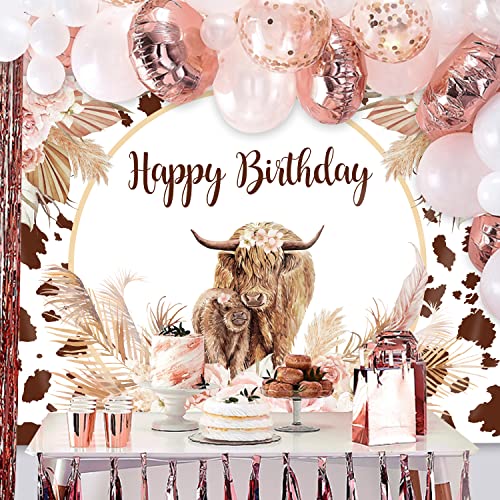 Imirell Cow Birthday Backdrop 7Wx5H Feet Boho Pink Floral Pampas Brown Cow Print Western Farm Kids Bday Party Photography Backgrounds Photo Shoot Decor Props Decoration