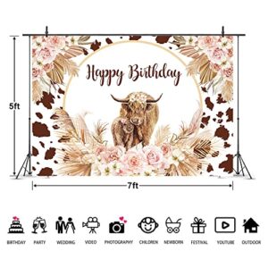 Imirell Cow Birthday Backdrop 7Wx5H Feet Boho Pink Floral Pampas Brown Cow Print Western Farm Kids Bday Party Photography Backgrounds Photo Shoot Decor Props Decoration