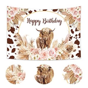 Imirell Cow Birthday Backdrop 7Wx5H Feet Boho Pink Floral Pampas Brown Cow Print Western Farm Kids Bday Party Photography Backgrounds Photo Shoot Decor Props Decoration