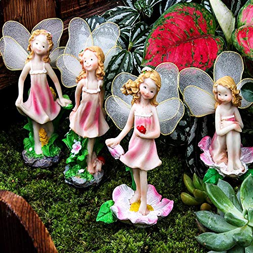 4 Pcs Flower Fairy Figurines Resin Elves Model Girl with Wings Statue Fairy Garden Miniature Moss Landscape DIY Terrarium Crafts Ornament Accessories for Home Décor