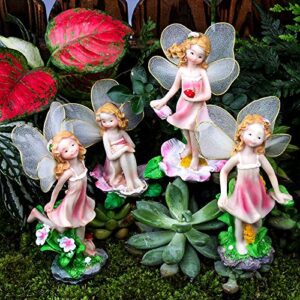 4 Pcs Flower Fairy Figurines Resin Elves Model Girl with Wings Statue Fairy Garden Miniature Moss Landscape DIY Terrarium Crafts Ornament Accessories for Home Décor