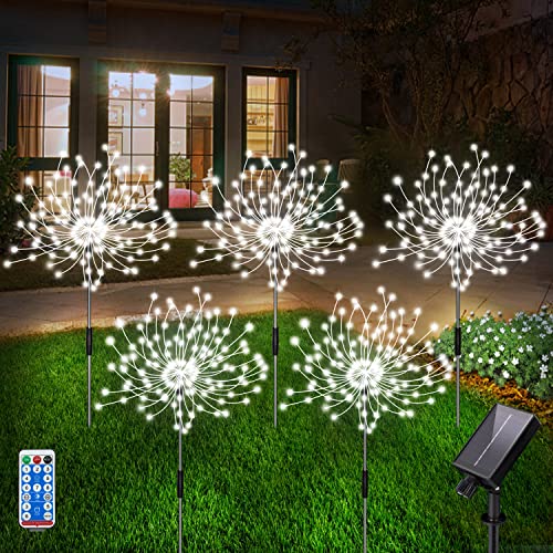 Solar Garden Lights, Firework Lights Outdoor 5 Pack 120 LED Solar Waterproof Decorative Starburst Lights Landscape Lamp 18 Hours Working Time, Decor for Courtyard Garden Christmas Party(Cool White)