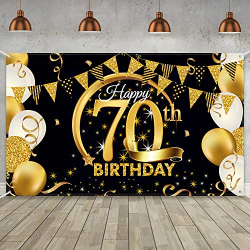 Birthday Party Decoration Extra Large Fabric Black Gold Sign Poster for Anniversary Photo Booth Backdrop Background Banner, Birthday Party Supplies, 72.8 x 43.3 Inch (70th)