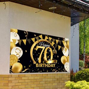 Birthday Party Decoration Extra Large Fabric Black Gold Sign Poster for Anniversary Photo Booth Backdrop Background Banner, Birthday Party Supplies, 72.8 x 43.3 Inch (70th)