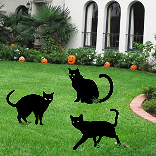 Halloween Yard Signs Stakes Outdoor Decorations - 3PCS Black Cat Lawn Decorations Signs for Garden Yard Scary Halloween Witch Decorations Outside