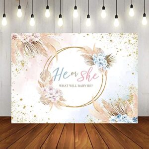 Mocsicka Boho Gender Reveal Backdrop He or She Boho Flowers Baby Shower Background Vinyl Bohemian Pampas Grass Party Cake Table Decorations Photo Booth (7x5ft)