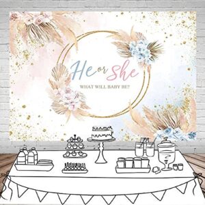 Mocsicka Boho Gender Reveal Backdrop He or She Boho Flowers Baby Shower Background Vinyl Bohemian Pampas Grass Party Cake Table Decorations Photo Booth (7x5ft)