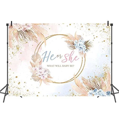 Mocsicka Boho Gender Reveal Backdrop He or She Boho Flowers Baby Shower Background Vinyl Bohemian Pampas Grass Party Cake Table Decorations Photo Booth (7x5ft)