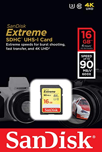 SanDisk 16GB Extreme SDHC UHS-I Memory Card - 90MB/s, C10, U3, V30, 4K UHD, SD Card - SDSDXNE-016G-GNCIN