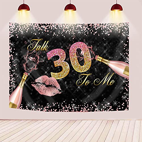 Mocsicka Talk Thirty to Me Birthday Backdrop for Her Rose Gold Happy 30th Birthday Party Decoration for Women Glitter Lips Rose Gold and Black Photography Background (7x5ft (82x60 inch))