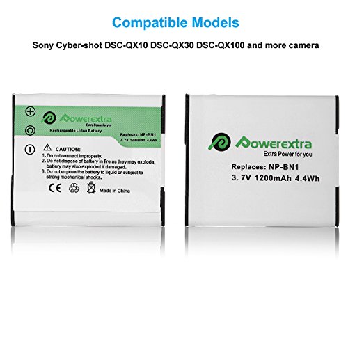 Powerextra 2 PCS NP-BN1 Battery and Charger Replacement for Sony Cyber-Shot DSC-QX10 QX30 QX100 T99 T110 TF1 TX10 TX20 TX30 TX55 TX66 TX100V TX200V W310 W320 W330 W350 W530 W515PS W570 W650 W800 W830