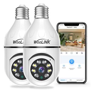 woolink 2pcs light bulb security camera 3mp, camera bulb 2.4ghz wireless wifi 360 degree home light bulb camera, night vision, two way audio, motion detection, cloud storage, remote app access