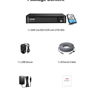 ZOSI H.265+ 5MP Lite 8 Channel CCTV DVR Recorder with Hard Drive 2TB, Remote Access, Motion Alert Push, Hybrid Capability 4-in-1(Analog/AHD/TVI/CVI) Full 1080p HD Surveillance DVR for Security Camera