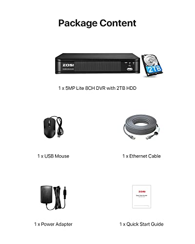 ZOSI H.265+ 5MP Lite 8 Channel CCTV DVR Recorder with Hard Drive 2TB, Remote Access, Motion Alert Push, Hybrid Capability 4-in-1(Analog/AHD/TVI/CVI) Full 1080p HD Surveillance DVR for Security Camera