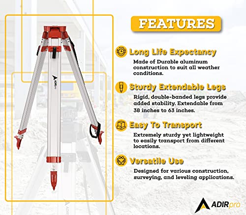 AdirPro Universal Survey Tripod – Aluminum Laser Level Tripod – Transit Level Tripod - Quick Clamp - Heavy Duty Contractor Tripod 5/8” x 11” Thread (Orange)