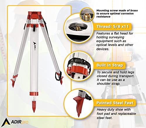 AdirPro Universal Survey Tripod – Aluminum Laser Level Tripod – Transit Level Tripod - Quick Clamp - Heavy Duty Contractor Tripod 5/8” x 11” Thread (Orange)