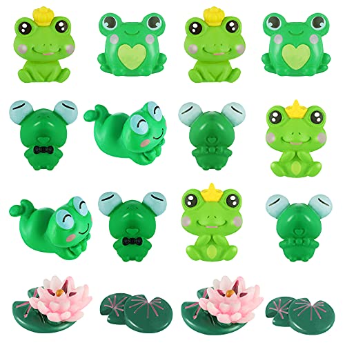 16 Pieces Cute Frog and Lotus Miniature Figurines Resin Frog Stuff Mini Garden Ornament Animal Model Garden Miniature Moss Landscape DIY Craft Accessories Frog Party Decoration Home Supplies Plant Pot