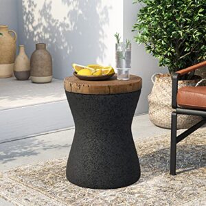 SUNBURY Outdoor Accent Table, 11" Hourglass Shaped Outdoor Side Table for Patio, Concrete Garden Stool End Table, Morden Outdoor Concrete Side Table Wooden-Look Top for Bedroom, Garden, Backyard