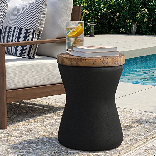 SUNBURY Outdoor Accent Table, 11" Hourglass Shaped Outdoor Side Table for Patio, Concrete Garden Stool End Table, Morden Outdoor Concrete Side Table Wooden-Look Top for Bedroom, Garden, Backyard