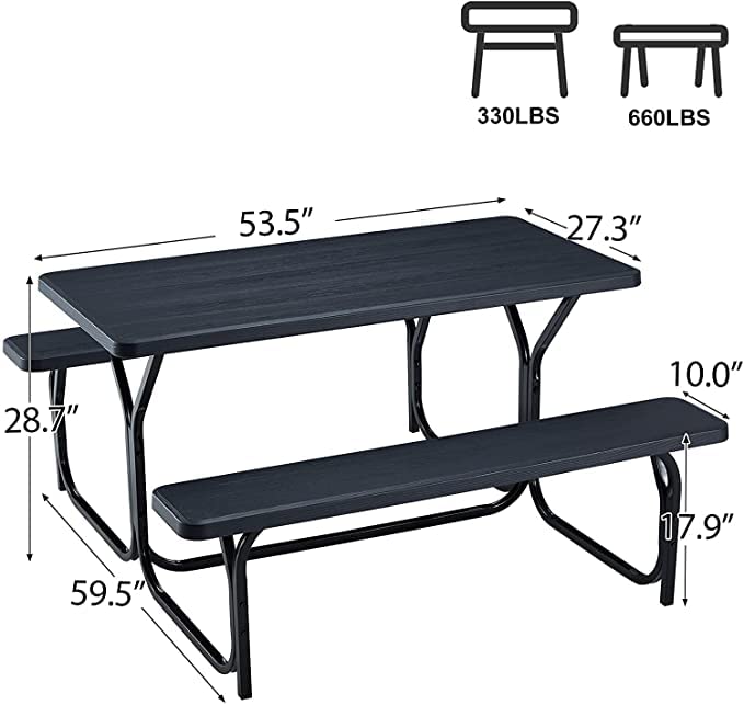 ECOTOUGE 5 FT Portable Picnic Table Benches Set for Outdoor, Heavy Duty Camping Picnic Tables, Weather Resistant, Suitable Patio, Garden for Adult(Black)