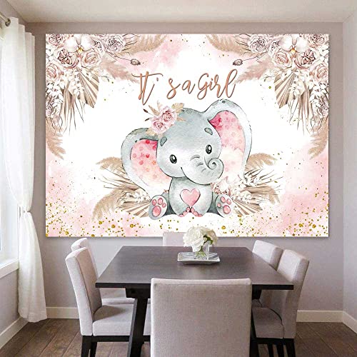 Sensfun Boho Elephant Baby Shower Backdrop for Girl Blush Pink Pampas Grass It's a Girl Elephant Little Peanut Baby Shower Decorations Photography Background Cake Table Photoshoot Props 7x5ft