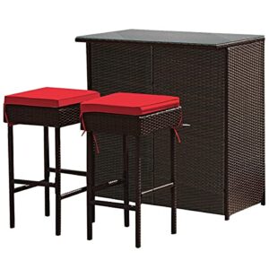 salches patio bar set, 3 piece rattan wicker bar stools w/2 stools & glass top table, large storage space & removable cushions, outdoor bar table for backyard/porch/garden/poolside