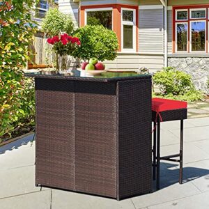 Salches Patio Bar Set, 3 Piece Rattan Wicker Bar Stools w/2 Stools & Glass Top Table, Large Storage Space & Removable Cushions, Outdoor Bar Table for Backyard/Porch/Garden/Poolside