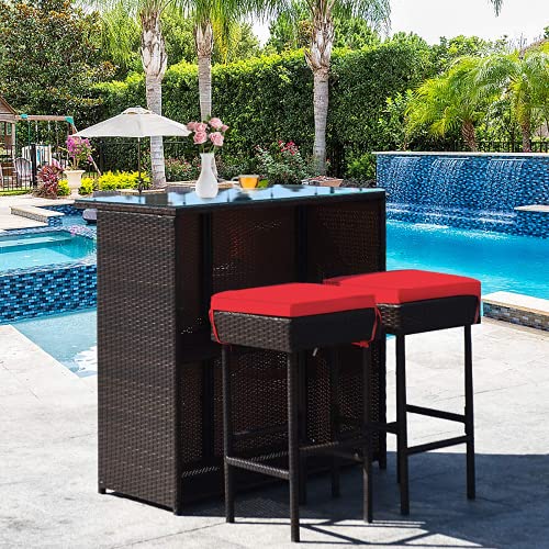 Salches Patio Bar Set, 3 Piece Rattan Wicker Bar Stools w/2 Stools & Glass Top Table, Large Storage Space & Removable Cushions, Outdoor Bar Table for Backyard/Porch/Garden/Poolside