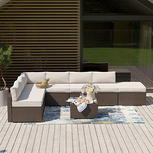 SUNBURY 8-Piece Outdoor Sectional Wicker Sofa in Off White Cushions, Brown Wicker Patio Furniture Set w Glasstop Table & Ottoman for Backyard Garden Porch