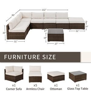 SUNBURY 8-Piece Outdoor Sectional Wicker Sofa in Off White Cushions, Brown Wicker Patio Furniture Set w Glasstop Table & Ottoman for Backyard Garden Porch