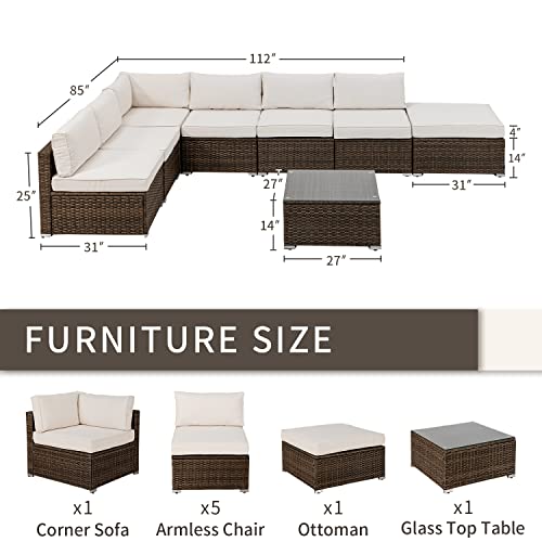 SUNBURY 8-Piece Outdoor Sectional Wicker Sofa in Off White Cushions, Brown Wicker Patio Furniture Set w Glasstop Table & Ottoman for Backyard Garden Porch