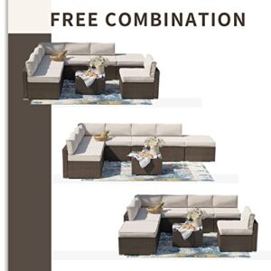 SUNBURY 8-Piece Outdoor Sectional Wicker Sofa in Off White Cushions, Brown Wicker Patio Furniture Set w Glasstop Table & Ottoman for Backyard Garden Porch