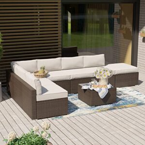 SUNBURY 8-Piece Outdoor Sectional Wicker Sofa in Off White Cushions, Brown Wicker Patio Furniture Set w Glasstop Table & Ottoman for Backyard Garden Porch