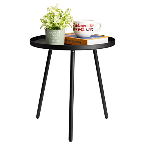 HollyHOME Accent Round Metal End Table with 3 Legs for Small Space, Indoor&Outdoor Tripod Stand Side Table, Anti-Rust Weatherproof Tea Table for Living Room, Balcony, Patio, Garden, Black