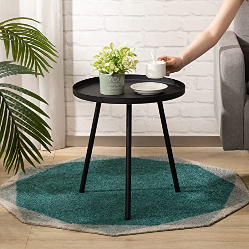 HollyHOME Accent Round Metal End Table with 3 Legs for Small Space, Indoor&Outdoor Tripod Stand Side Table, Anti-Rust Weatherproof Tea Table for Living Room, Balcony, Patio, Garden, Black