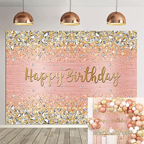 Happy Birthday Backdrop 7x5ft Diamonds Glitter Shining Pink and Gold Dot Sparkle Bokeh Photography Background for Women Girls Lady Sweet Party Decorations Photo Props