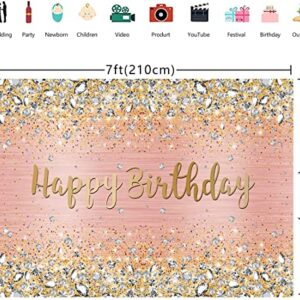 Happy Birthday Backdrop 7x5ft Diamonds Glitter Shining Pink and Gold Dot Sparkle Bokeh Photography Background for Women Girls Lady Sweet Party Decorations Photo Props