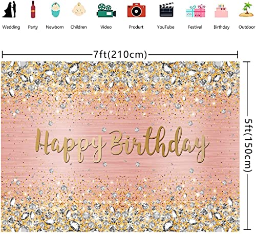 Happy Birthday Backdrop 7x5ft Diamonds Glitter Shining Pink and Gold Dot Sparkle Bokeh Photography Background for Women Girls Lady Sweet Party Decorations Photo Props